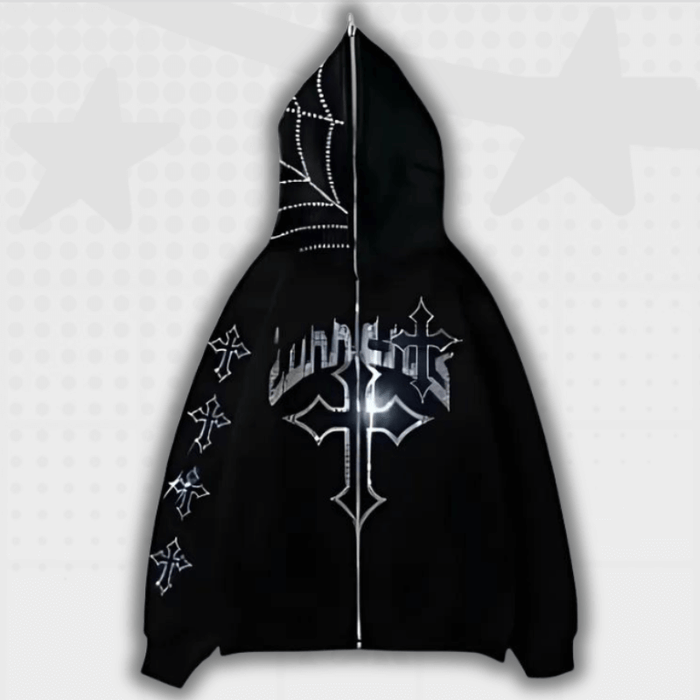 Rhinestone Cross Y2K Hoodie | Y2K Clothes