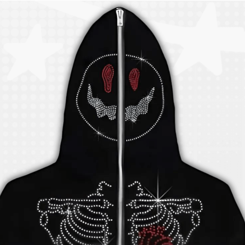 Rhinestone Skeleton Y2K Full Zip Hoodie | Y2k Glory - Y2K Glory